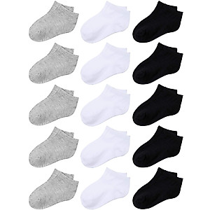 Cooraby 15 Pairs Kids' Half Cushion Low Cut Socks Teens Ankle Socks for Big Boys or Girls (Black, Gray, White, 8-10 Years)
