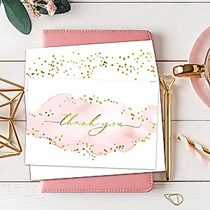 Gooji 4x6 Gold Foil Watercolor Pink Thank You Cards (Bulk 20-Pack) Matching Peel-and-Seal White Envelopes, Baby Shower, Bridal Shower, Wedding, Engagement, Graduation, Blank Notes