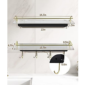 Mazjoaru Floating Shelves Acrylic Bathroom Shelves Set of 2, 16inch Wall Shelves with Gold Metal Towel Hook, Storage Shelves for Bathroom Living Room Bedroom