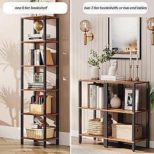 TUTOTAK Bookshelf, 6-Tier Tall Book Shelf, Narrow Bookcase for Small Space, DIY Stackable Bookshelf, for Living Room, Office, Study, Entryway, Industrial, Rustic Brown BS01BB006