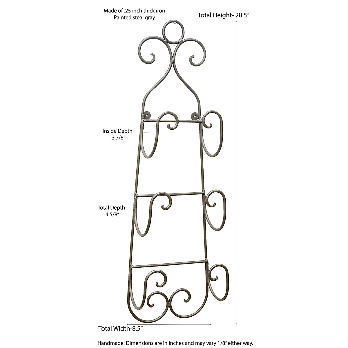 Laredo Import Wrought Iron Wall Towel Rack/Wine Rack-28.5 Inches Tall x 8.5 Inches Wide. Steel Gray Color, Holds Three.