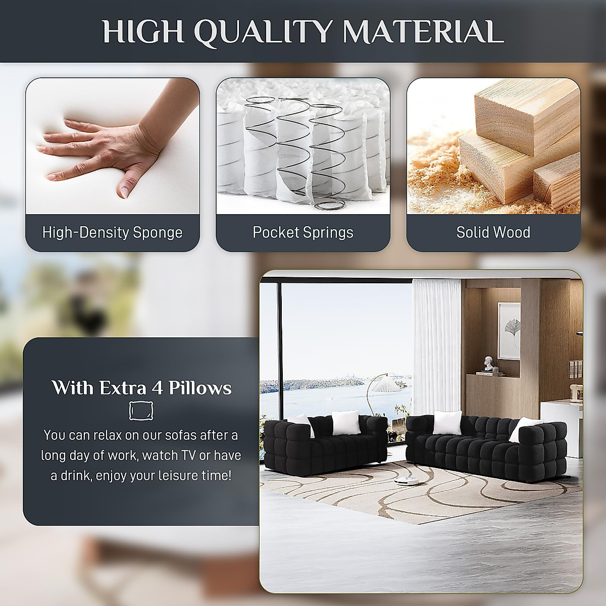 Wrofly 2 Piece Boucle Sofa Couch Set, Comfy Tufted 3 Seater and 2 Seater Love Seat Sofa for Living Room Apartment Office, Black