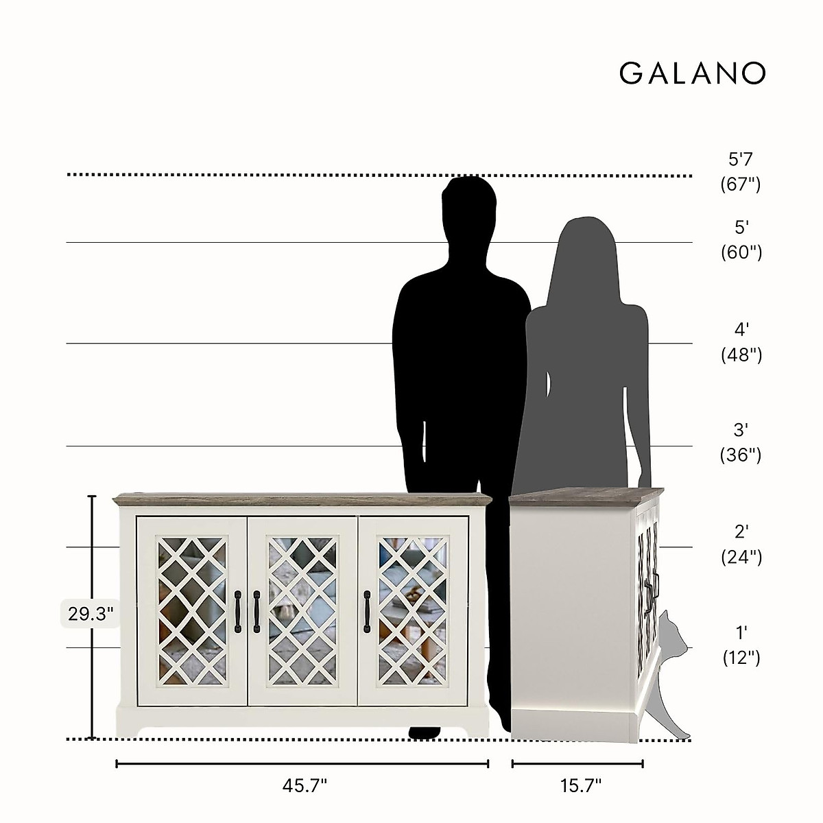 Galano Millicent 3 Door Sideboard with Acrylic Mirrors, Kitchen Buffet Cabinet, Farmhouse Coffee Bar Display Cabinet for Home Kitchen, Living Room, Dining Room and Hallway, Ivory Knotty Grey Oak