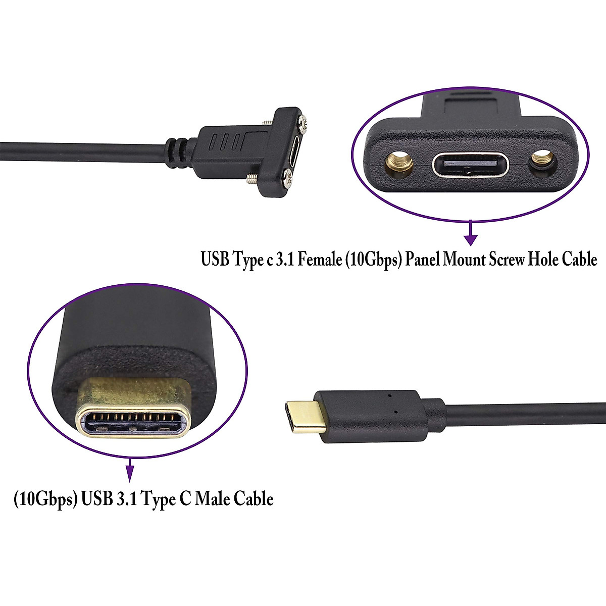 AAOTOKK USB Type C 3.1Panel Mount Adapter Cable USB-C 3.1 Gen2 10Gbps Male to USB C Female Panel Mount Screw Cable,Supports Charging,Data,Audio,Video Cable for Laptop,Tablet,Mobile Phone(0.3M/1ft)