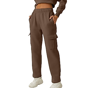 QINSEN Medium Waist Sweatpants for Women Baggy Fit Casual Long Pocket Cargo Pants Brown S