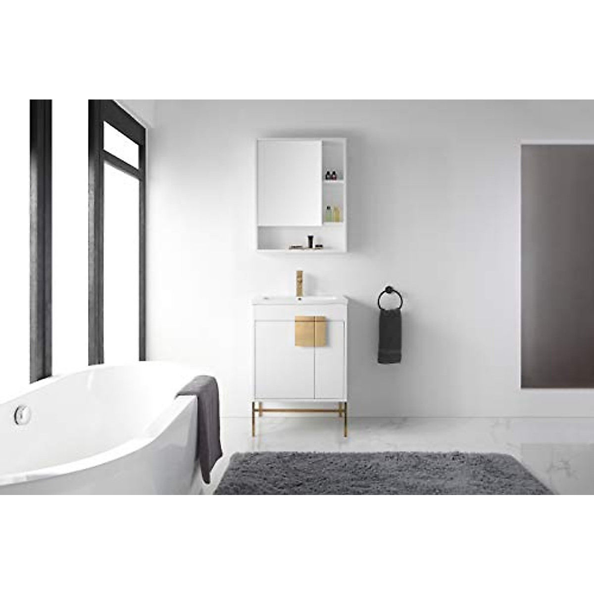 Fine Fixtures - Modern White 24" Bathroom Vanity Set, Satin Brass Hardware, Vireous China Sink Top
