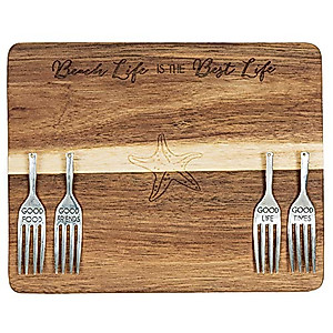 Pavilion Gift Company Beach Best Life Starfish 7 x 9 Inch Cutting Cheese Board, Set of 4 Forks with Debossed Text, 9", Brown
