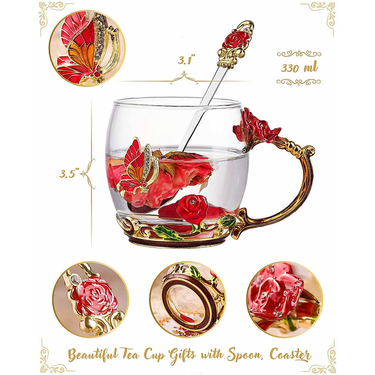 ColoVie Glass Tea Cups Set with Spoon, Coaster- 3D Red Flower Butterfly Coffee Mugs- Lead-Free Glass Coffee Cups- Best Birthday Gifts for Her, Women, Mom- Enamels Mug- Mothers Day Gifts from Daughter