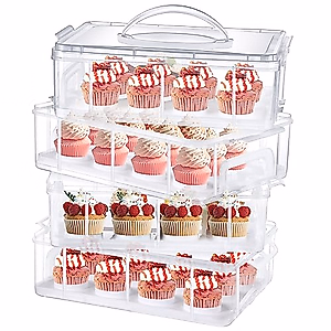 Geetery Cupcake Containers Cupcake Carriers for 48 Cupcakes or 4 Large Cakes 4 Tier Cupcake Holder with Lid Plastic Cupcake Storage Containers Cupcake Box Stackable Trays for Cookie Muffin, White