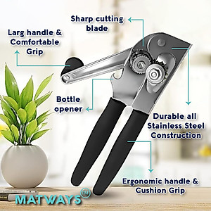 Matways Heavy Duty Commercial Hand Can Opener, Easy Crank Can Opener with Extra Long ergonomic Handle, Stainless Steel Sharp Blade, Large Size Manual Can Opener with Black Comfortable Handle Grip