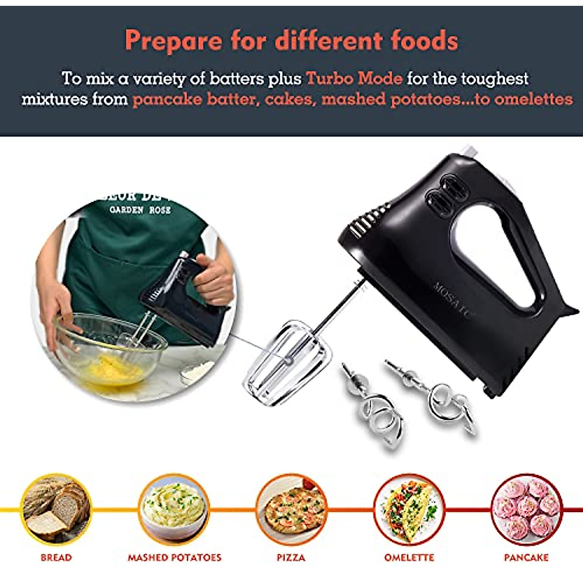 Hand Mixer, MOSAIC Handheld Cake Mixer Electric, 3 Speed Powerful Mixer for Egg White Cream Whipping Mixing Cookies, Brownies, Dough, 4 Stainless Steel Accessories Cord & Attachments Storage