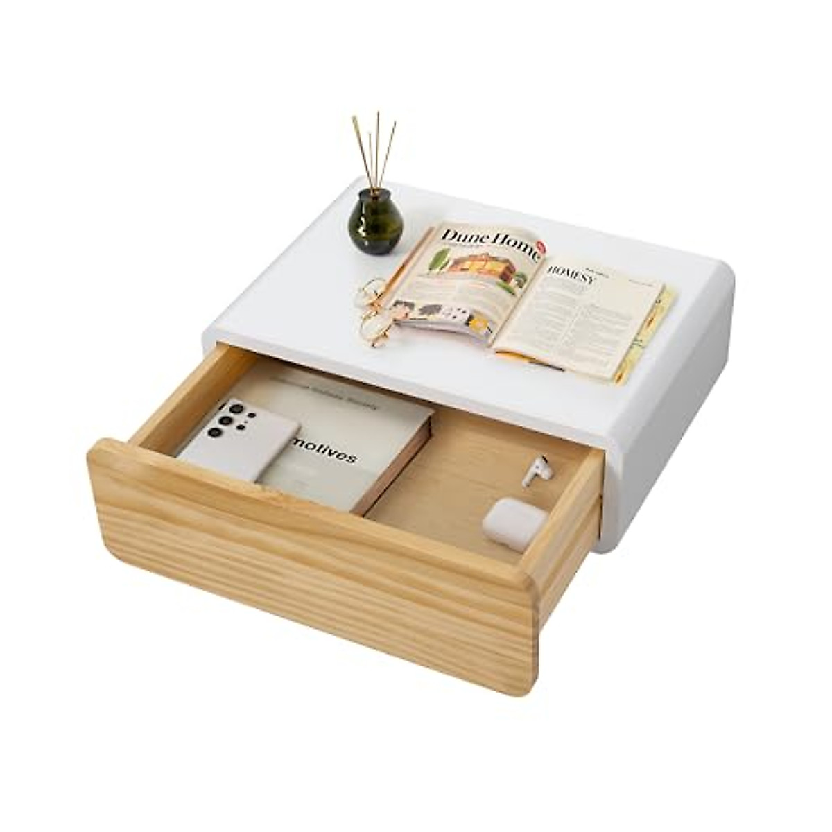 SUMGAR Floating Nightstand White with Drawers Modern Bedside Table Organiser Fully Assembled Shelf Small Spaces Wall Mounted Storage Wood Furniture for Bedroom Home Decor