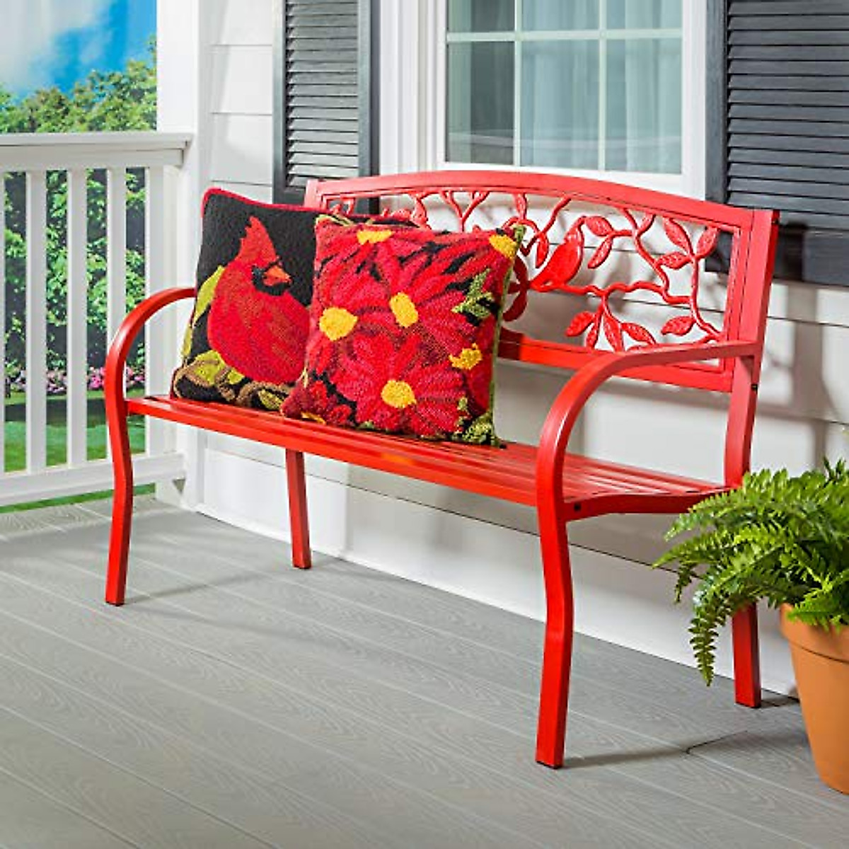 Evergreen Garden Patio and Outdoor Seating Cardinal Metal Garden Bench in Red 50 x 33 x 21 Inches - Decorative and Durable Weather Resistant Outdoor Chair Seat for Home and Garden