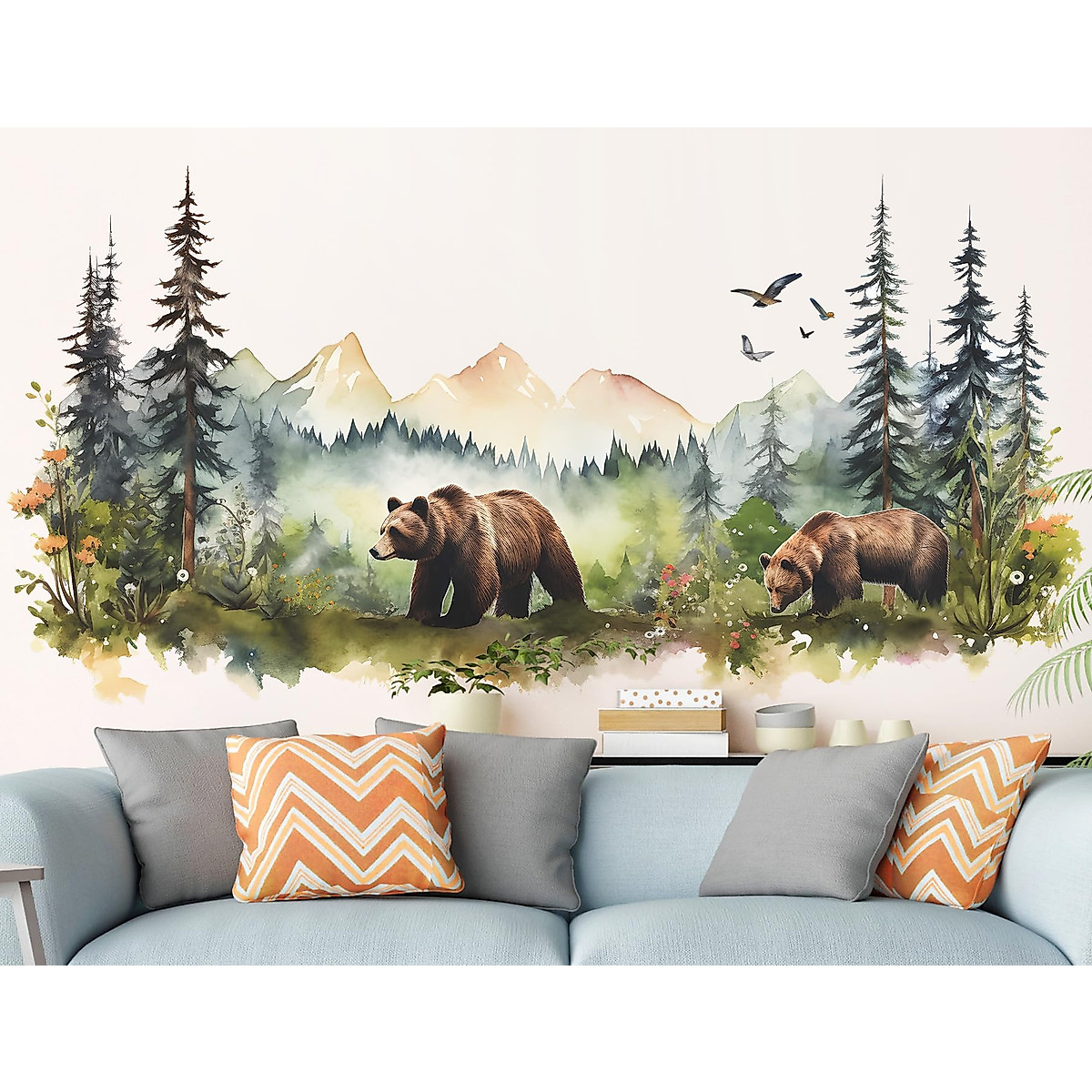 RAINBOW WSK Large Jungle Animals Wall Decals Forest Tree Wall Decal Peel and Stick Woodland Bear Fox Deer Wall Stickers Giant Mountain Wall Art for Bedroom Nursery Room FX-C432