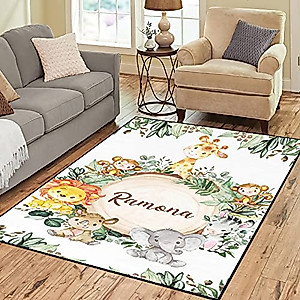 Personalized Cute Greenery Wild Jungle Safari Animals 4'x5.2' Non-Slip Area Rug with Name Text Custom Carpet Floor Mat for Bedroom Living Room Home Decoration
