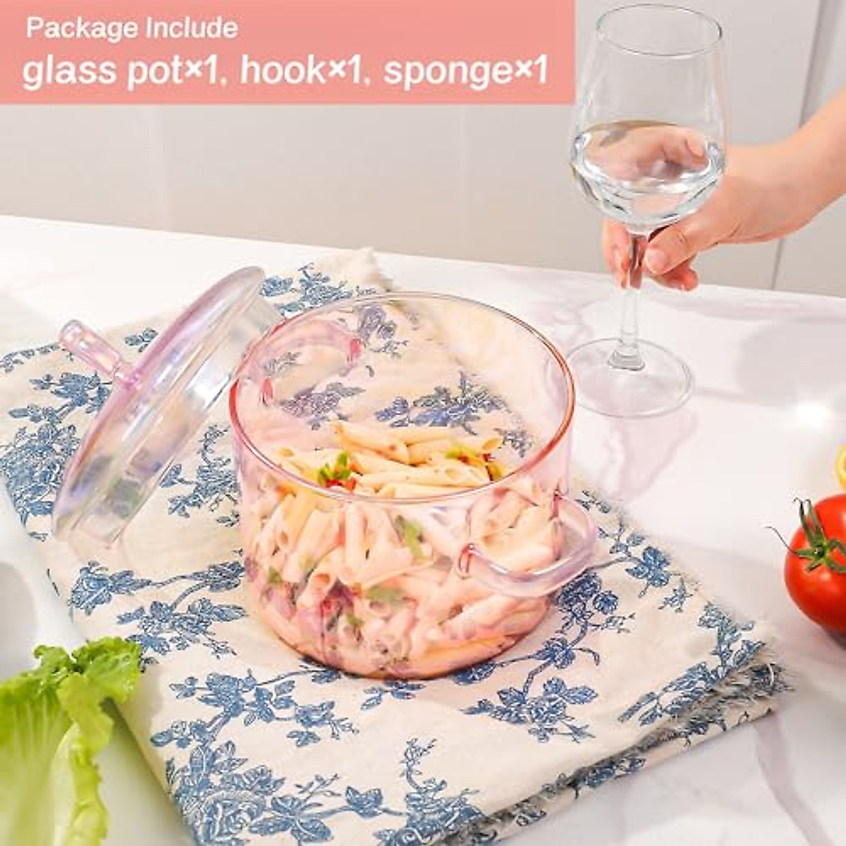 1.5L/51oz/6cups, Pink Glass Pots for Cooking on Stove Glass Pot with Lid Glass Pots for Cooking Glass Cooking Pot Heat Resistant Glass Saucepan Simmering Cooking Pasta Vegetable Soup Salad