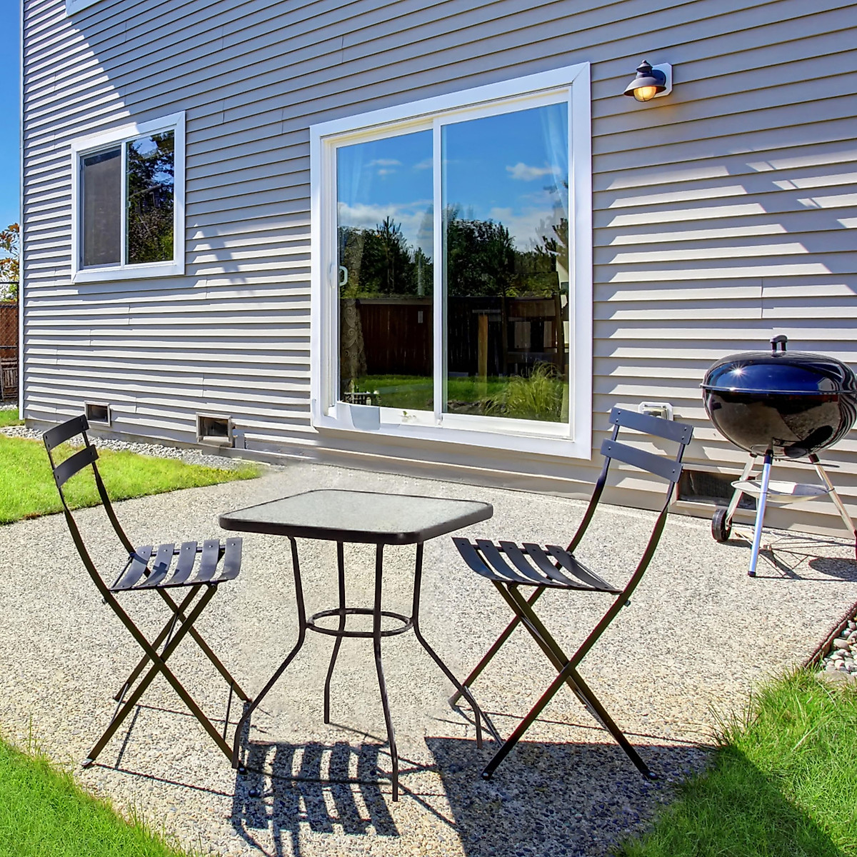 Four Seasons Courtyard Sunny Isles 27 Inch Outdoor Patio Bistro Dining Table Backyard Squared Furniture with Tempered Glass Tabletop, Black