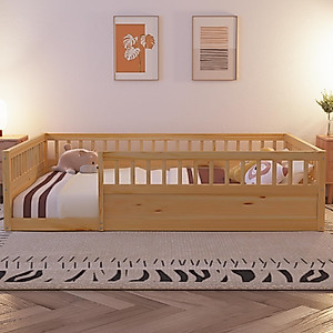 KEIKI Full Floor Bed Frame with Fence, Wood Kids Floor Beds Frame for Bedroom Playroom,Natural