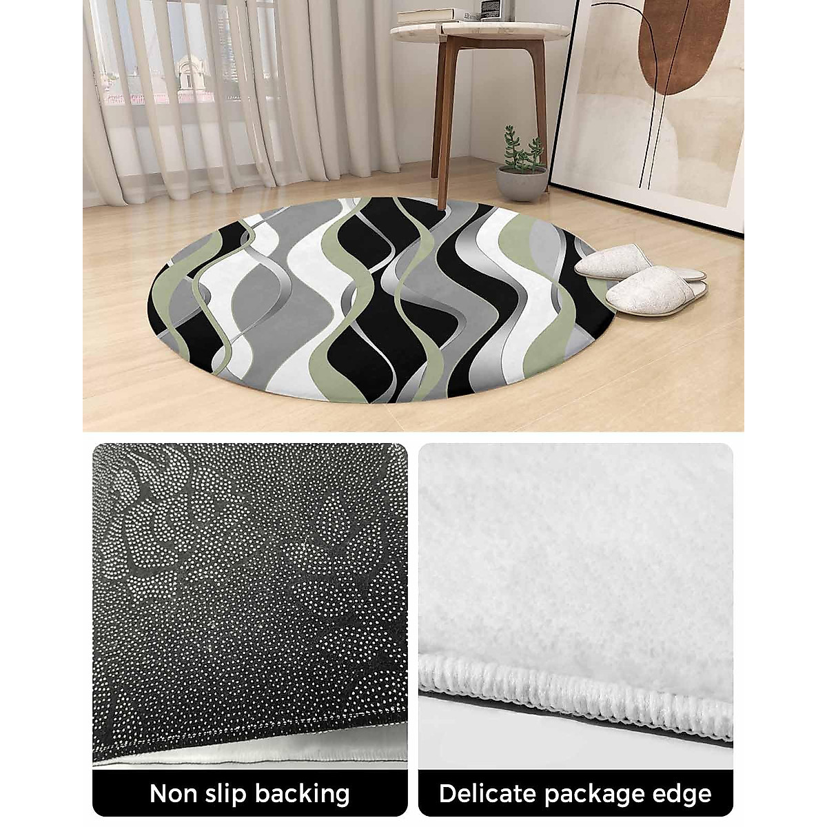 Sage Green Stripes Fluffy Round Area Rug Carpets 4ft, Plush Shaggy Carpet Soft Circular Rugs, Non-Slip Fuzzy Accent Floor Mat for Living Room Bedroom Nursery Decor Modern Geometric Black Grey White