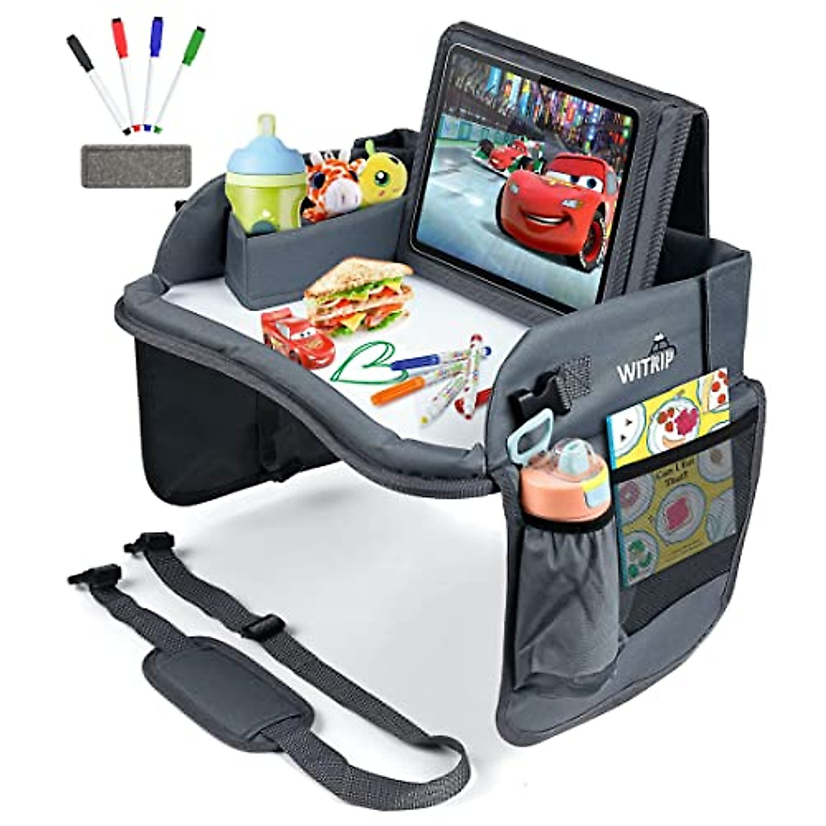 WITRIP Kids Travel Tray with Dry Erase Board, Travel Tray for Kids Car Seat, Carseat Table Trays for Toddler, Kid Activity Desk for Air Travel, No-Drop Tablet Holder & Borders (All Grey)