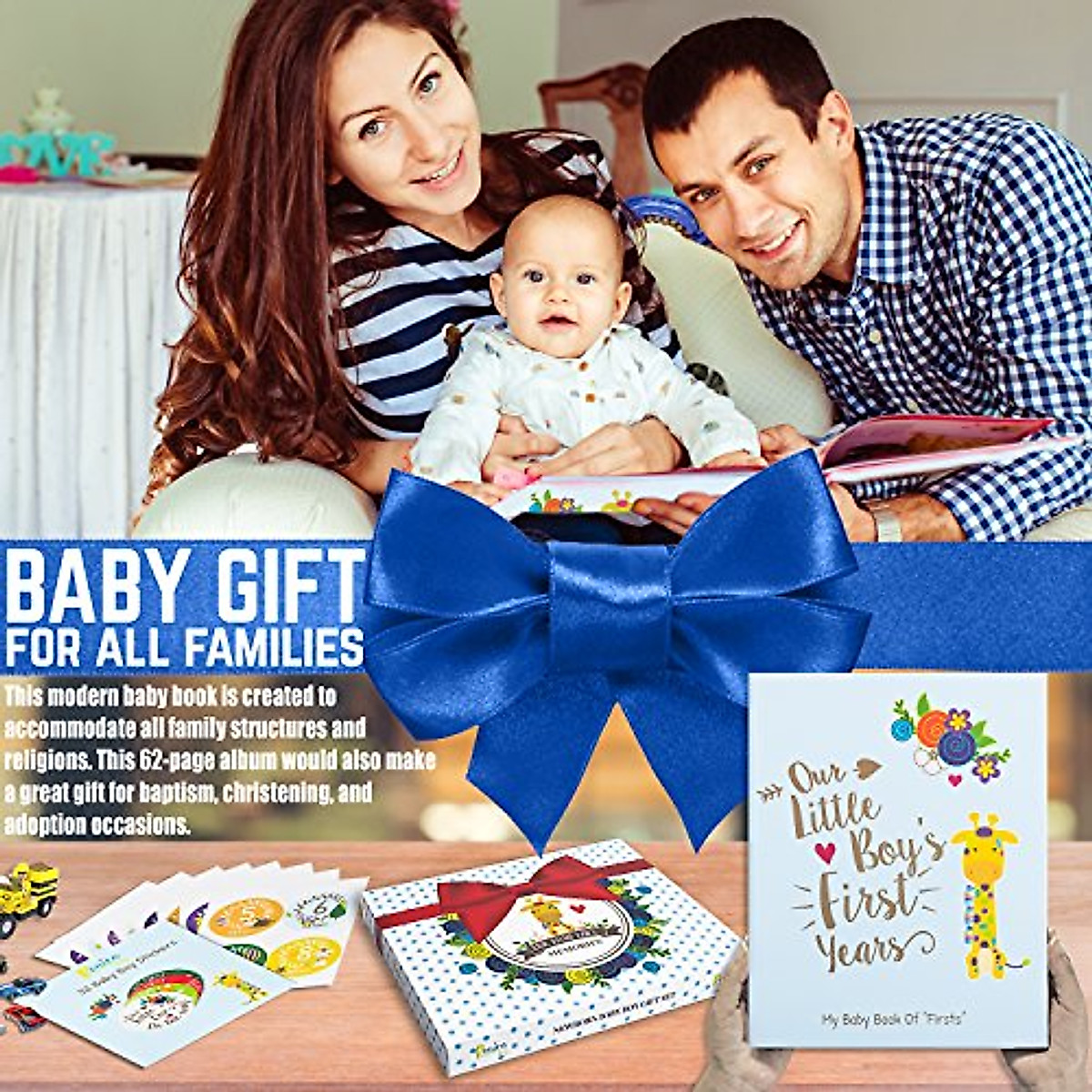 Ronica Baby Boy Gift Set with Baby Memory Book, Monthly Stickers: Modern Photo Journal and Keepsake Album for Boys, First 5 Years, Shower Gift Idea for Mom, Dad Or Grandparents