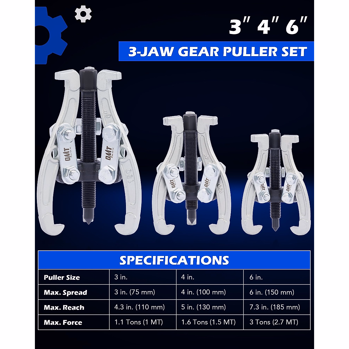 Orion Motor Tech Gear Puller Set, 3" 4" 6" 3 Jaw Puller Kit for Pulley Gear Bearing Flywheel Removal, Heavy Duty Pulley Puller with Reversible Jaws 3 pcs Bearing Puller Tool Kit