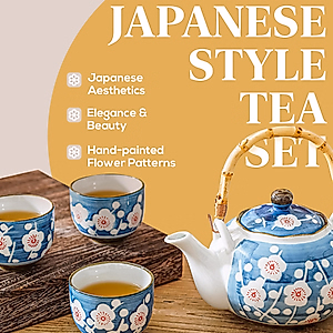 PUNNIO Japanese Tea Set, Japanese Style Porcelain Tea Sets for Adult, 1 Ceramic Tea Pot with Handle & 1 Stainless Steel Tea Filter & 6 Tea Cups (Sakura)