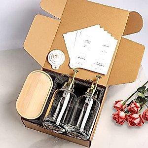 Coffee Syrup Dispenser Set w Bamboo Tray, Glass Syrup Bottles w Pump and 24 Labels, Coffee Bar Accessories, Syrup Dispenser for Coffee Bar, 2 Pack 16.9 Oz, Gold