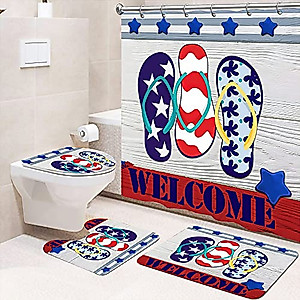 HEDYBARD 4 Pcs Red Blue Star Shower Curtain Set, Beach Themed Art Print of US Flag with Shower Curtain, Non-Slip Soft Flannel Rugs, Toilet Lid Cover, Bath Mat and 12 Hooks for Home Decorations