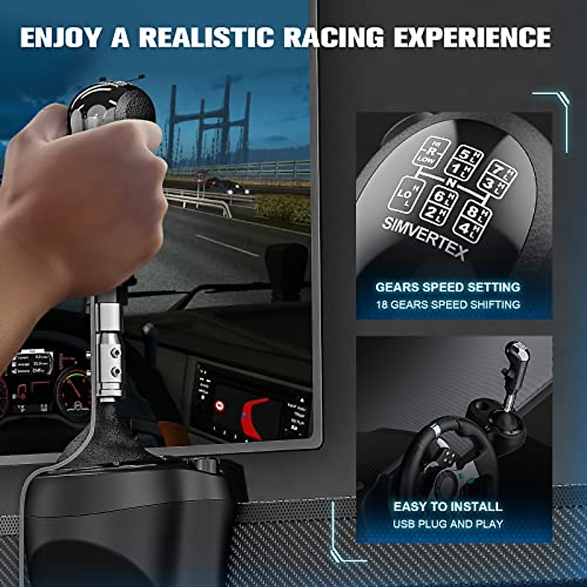 USB American Truck Simulator Shifter, Gearshift Knob Fit for ATS & ETS2 Games, PC Sim Racing Shifter Compatible with Logitech G27 G29 G920 Thrustmaster TH8A Fanatec SQ