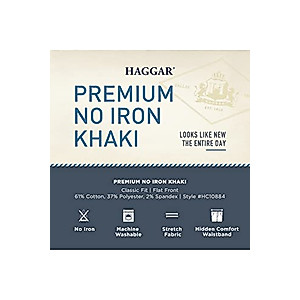 Haggar mens Premium No Iron Khaki Classic Fit Expandable Waist Flat Front Casual Pants, Khaki, 36W x 32L US