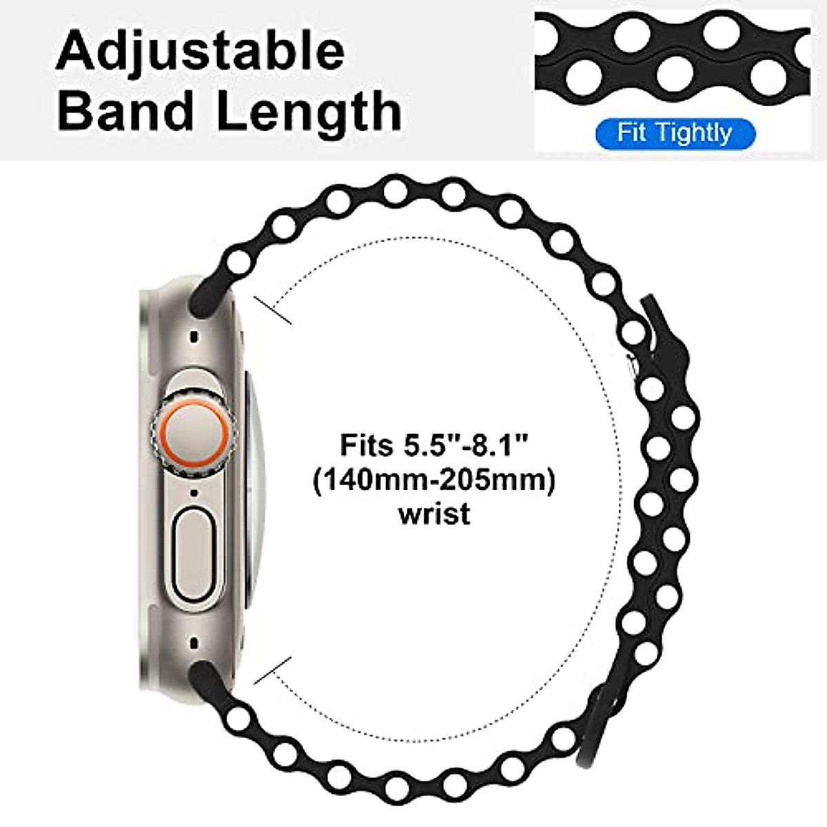 Astorgos Ocean Silicone Band Compatible with Apple Watch Band Ultra2 Ultra 49mm 45mm 44mm 42mm iWatch Series 9 8 7 SE2 SE 6 5 4 3 2 1,Adjustable Band Breathable Replacement Strap for Women Men,Black