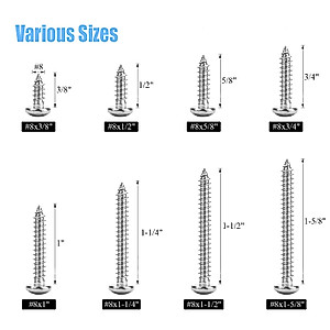 DYWISHKEY 200 Pieces #8 x 3/8", 1/2", 5/8", 3/4", 1", 1-1/4", 1-1/2", 1-5/8" Stainless Steel 304 Phillips Pan Head Self-Tapping Screws, Wood Screws Assortment Kit