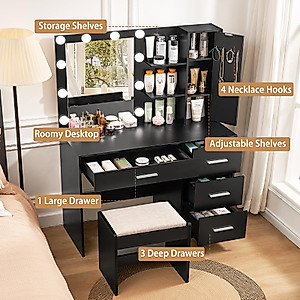 usikey Makeup Vanity with Lights, Vanity Desk with Mirror and 10 LED Lights, Vanity Table Set with 4 Drawers, Cabinet & 4 Necklace Hooks, Dressing Table for Bedroom, Black