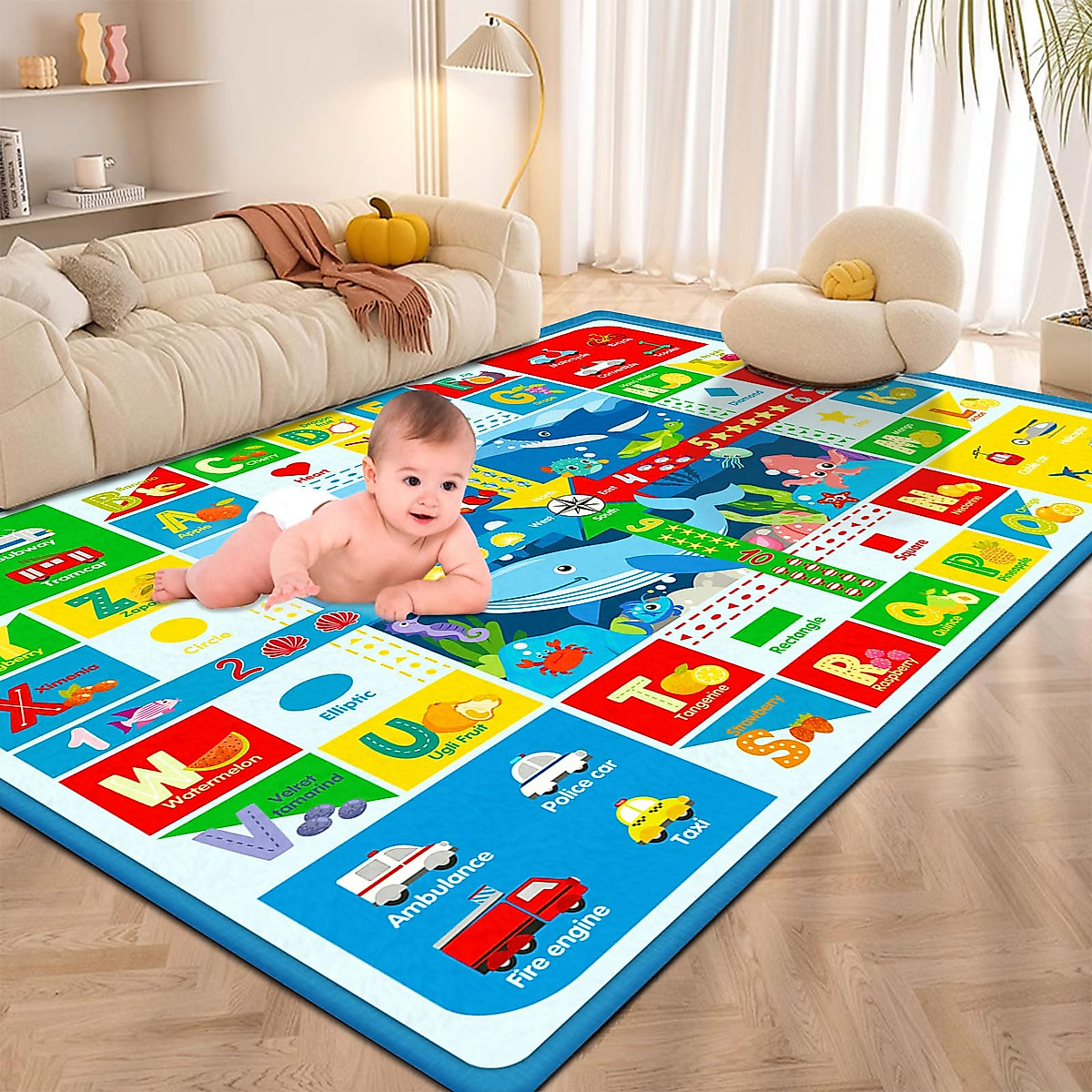 44" x 59" Baby Play Mats for Floor, Baby Crawling Mat, Kids Play Rug, Foldable Non Slip Tummy Time Mat Soft Plush Surface Baby Playmat for Toddlers & Infants, Classroom Playroom Bedroom Activity Mat