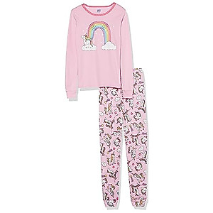 The Children's Place Girls' Long Sleeve Top and Pants Snug Fit 100% Cotton 2 Piece Pajama Set, Unicorn Sparkle Pink