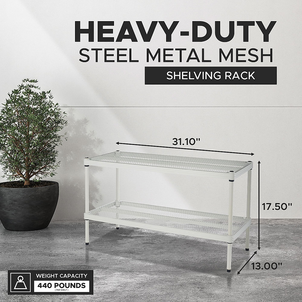 Design Ideas MeshWorks, 2-Tier Steel Shelving Rack, 440lb Capacity Per Shelf, White