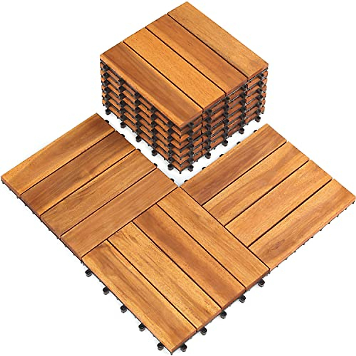 Wood Interlocking Flooring Tiles (Pack of 10, 12" x 12"), Solid Wood Acacia Deck Tiles Interlocking, Patio Tiles Outdoor Interlocking Waterproof All Weather (4 Slat, Natural Color)