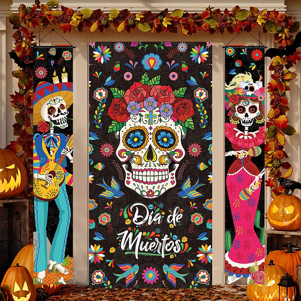 3 Pieces Day of the Dead Porch Sign, Mexican Dia De Los Muertos Party Door Decorations, Day of the Dead Sugar Skull Door Banner for Halloween Home Bathtub Birthday Fiesta Party, 11.8 x 70.9 Inches