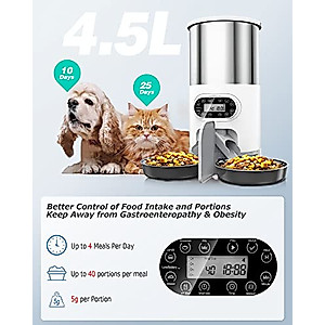 Automatic Cat Feeders 2 Cat, 4.5L Cat Food Dispenser with Splitter and Two Stainless Bowls, Timed Cat Feeder, up to 4 Meals with Portion Control, 10s Voice Recorder