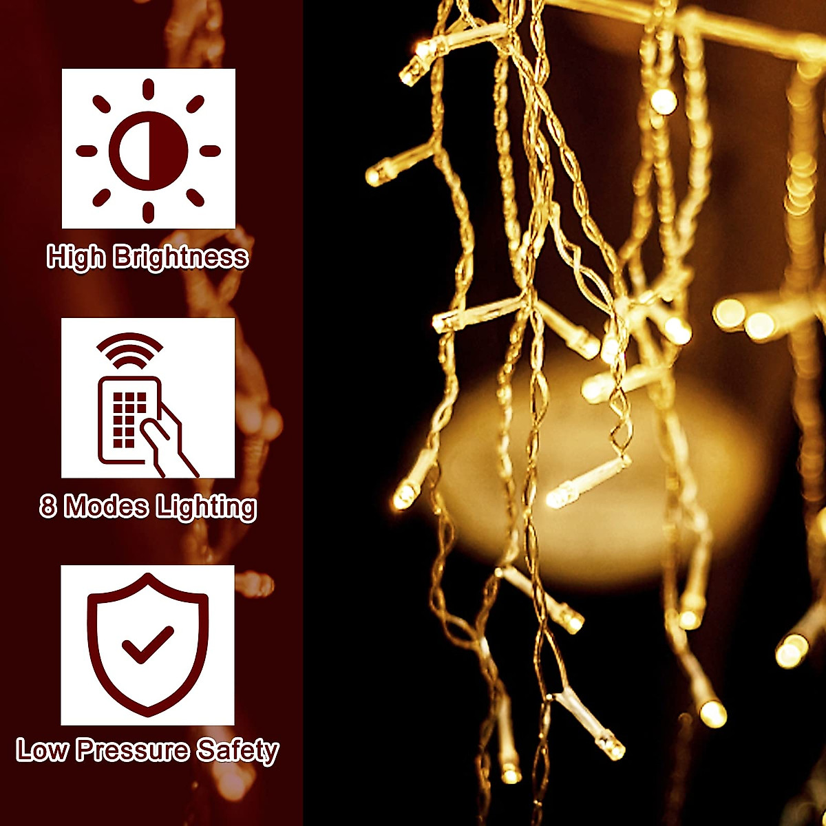 378LED Icicle Christmas Lights Outdoor Decoration 29.5 Ft 8 Modes 60 Drops Christmas Fairy String Curtain Lights Christmas Decoration Eaves Window Holiday Yard Garden Indoor Home (Warm White)