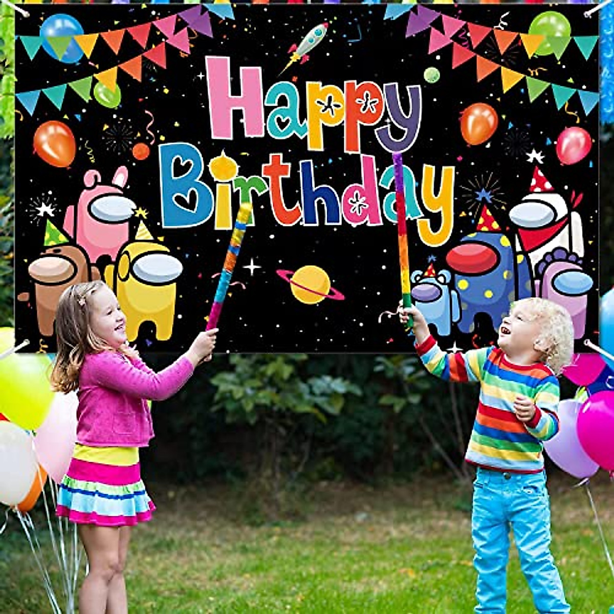 Among Us Happy Birthday Background Decoration-Among Us Game Banner for Men Boy Kids’ Game Theme Birthday Party Decoration (5x3ft)