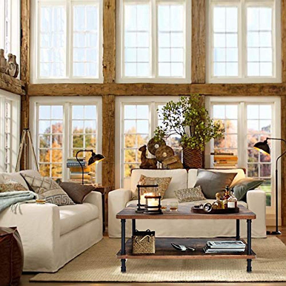 Giantex Retro Coffee Table W/Thick Tabletop, Industrial Steel Pipe Legs & 2-Tier Storage Shelf Accent Table for Living Room, Reception Room, Easy Assembly Center Table, Rustic Brown