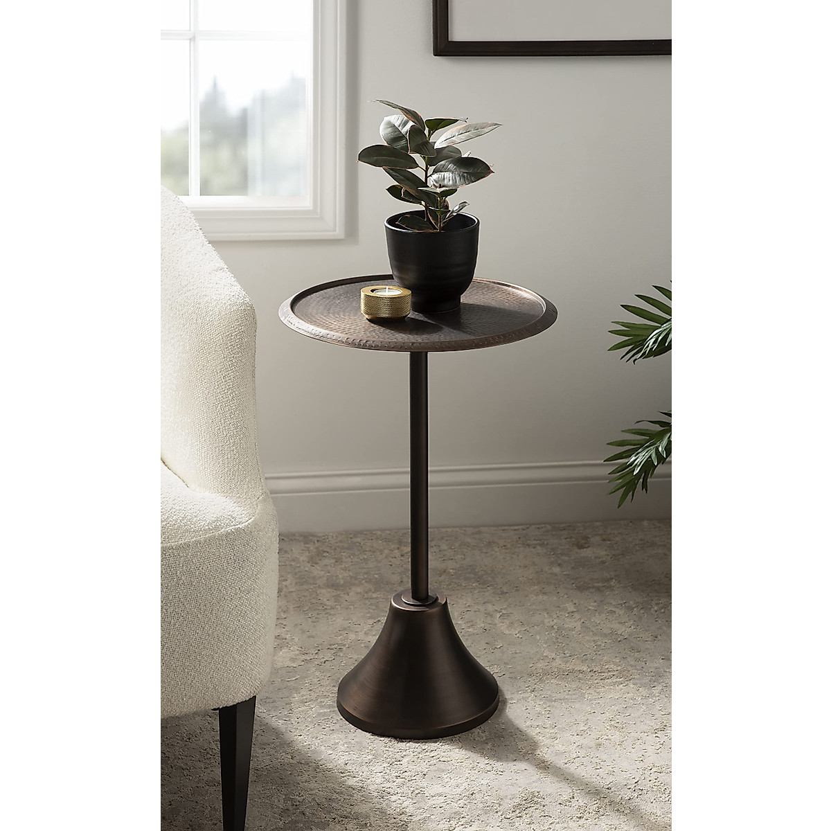 Kate and Laurel Sanzo Modern Pedestal Side Table, 15 x 15 x 24, Bronze, Decorative End Table with Hammered Tabletop for Use as a Bedroom Nightstand or Living Room Accent