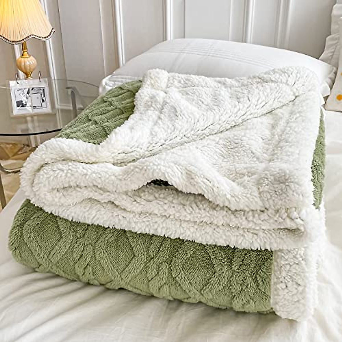 Plush Thick Sherpa Throw Blanket - Soft Warm Breathable Fleece Velvet Blanket with 3D Stylish Cable Pattern for Bed Sofa Recliner Chair - Fluffy Throw Size 50"×60", Sage Green