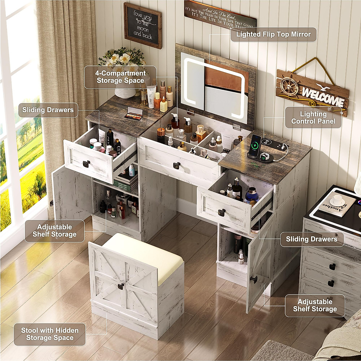 Gurexl 3-in-1 Vanity Desk with 3-Color Lights and Mirror,47.2" W Makeup Vanity Set with Charging Station,LED Compact Dresser-Vanity with 3 Drawers,2 Cabinets,Chair,Dressing Table for Bedroom