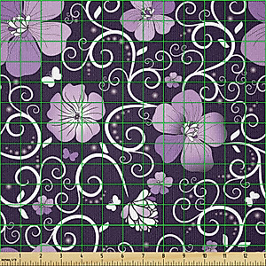 Ambesonne Floral Fabric by The Yard, Butterfly Silhouettes with Plant Flower Patterned Design Swirls Curves, Stretch Knit Fabric for Clothing Sewing and Arts Crafts, 1 Yard, Purple White