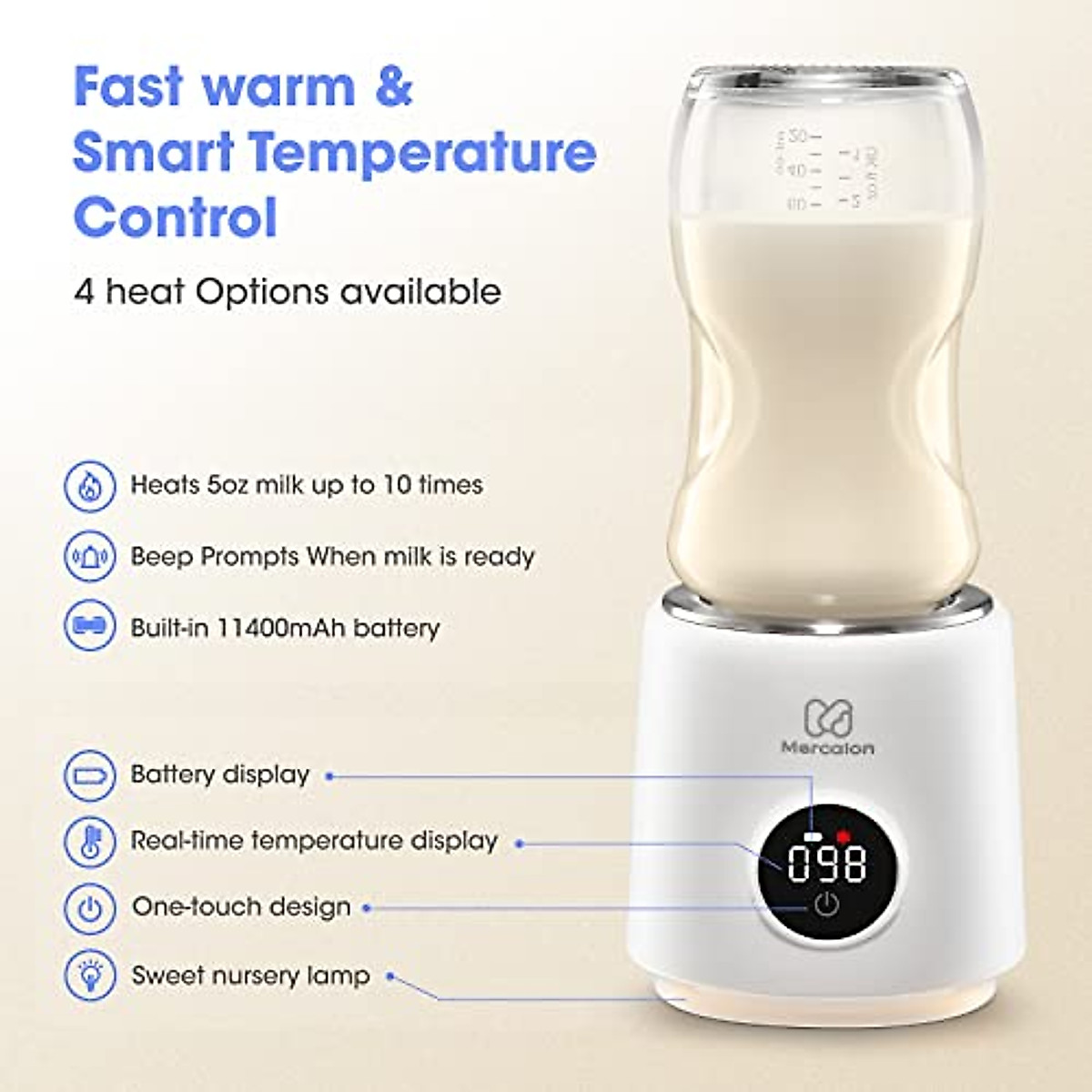 Bottle Warmer, Portable Bottle Warmer for Travel with 5 Adapters, Mercalon Upgraded Rechargeable Baby Milk Warmer, Fast Heat Warmer with Digital Display for Formula & Breastmilk (Bottle Warmer)