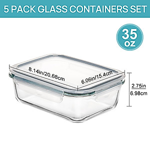 Vtopmart 5 Pack 35oz Glass Food Storage Containers with Lids, Meal Prep Containers, Airtight Reusable Lunch Container Set, Safe for Oven, Microwave, Freezer, and Dishwasher