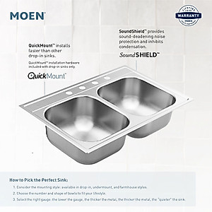 Moen GS18192L 1800 Series 23.5-inch 18 Gauge Undermount Single Bowl Stainless Steel Kitchen Sink 7-inch Depth Left Drain, Satin Stainless